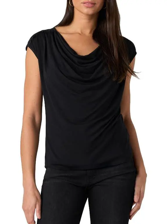 LIVERPOOL Sleeveless Draped Neck Top With Lace Trim - Black