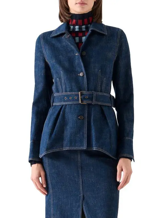 Akris Belted Peplum Denim Jacket - Navy