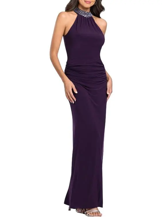 Betsy & Adam Beaded Mock Neck Column Gown - Plum/silver