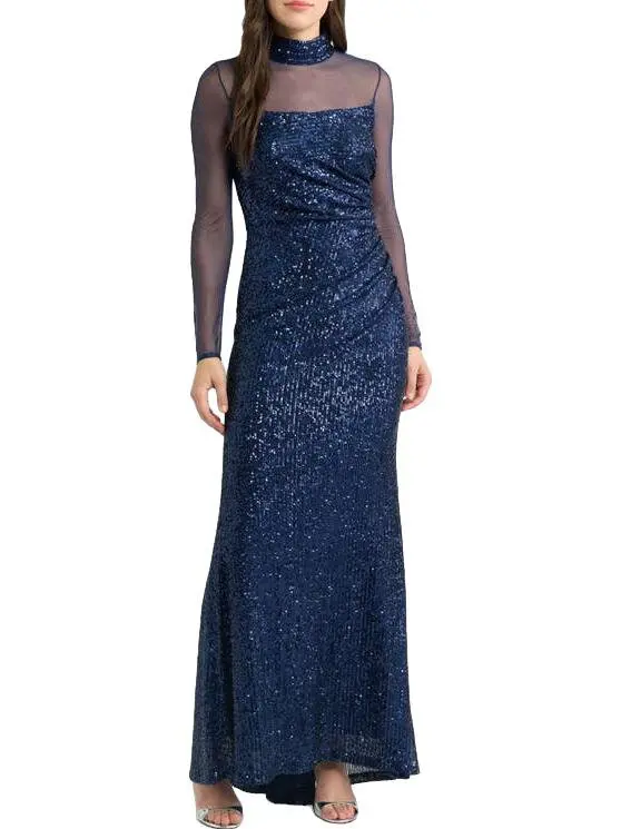 Eliza J Long Sleeve Mock Neck Sequin Gown - Navy