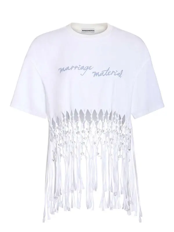 BRIDEMERCH Brademerch Marriage Material Beach Tee With Hand-tied Glass Bead Fringe - White
