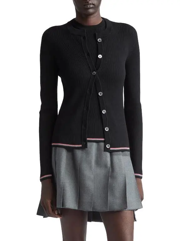 Thom Browne Crewneck Wool Cardigan With Signature Stripes - Black