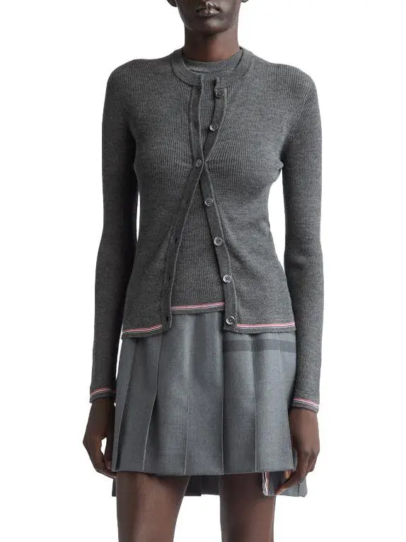 Thom Browne Crewneck Wool Cardigan With Signature Stripes - Medium Grey