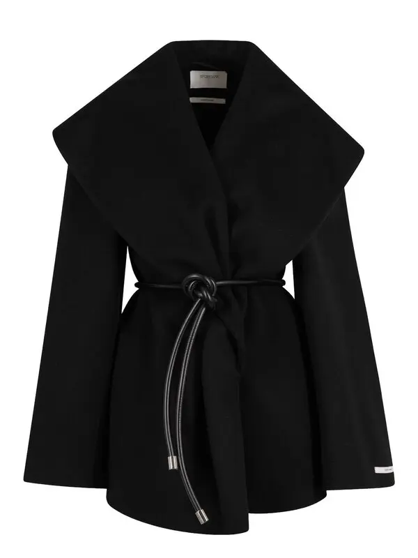 Sportmax Wool Wrap Coat With Leather Belt - Black