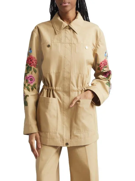 Carolina Herrera Embroidered Floral Cotton Utility Jacket - Birch