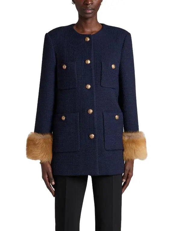 Valentino Garavani Wool Blend Tweed Jacket With Faux Fur Cuffs - Navy