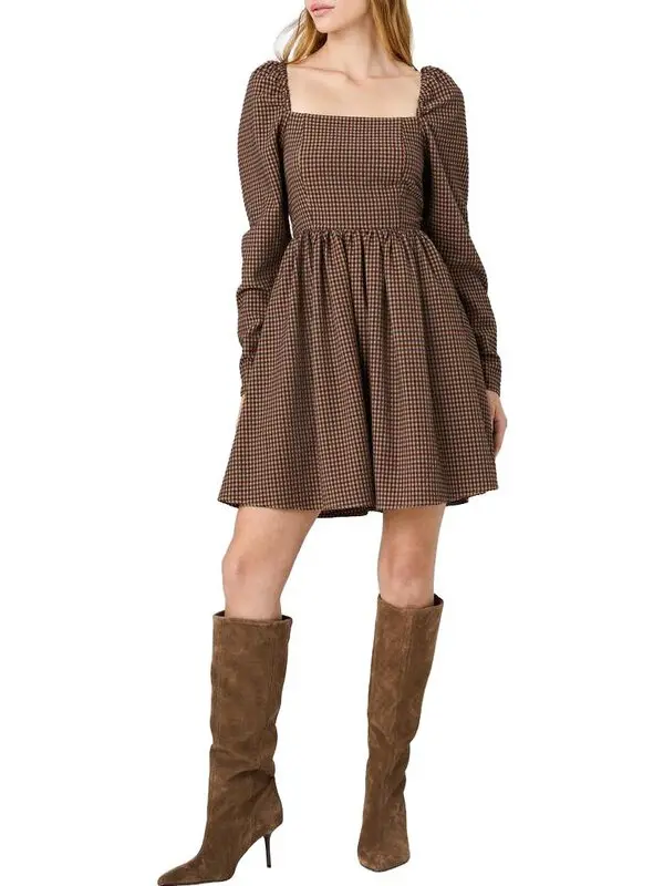 French Connection Diana Gingham Balloon Sleeve Dress - Chestnut Brown Multi