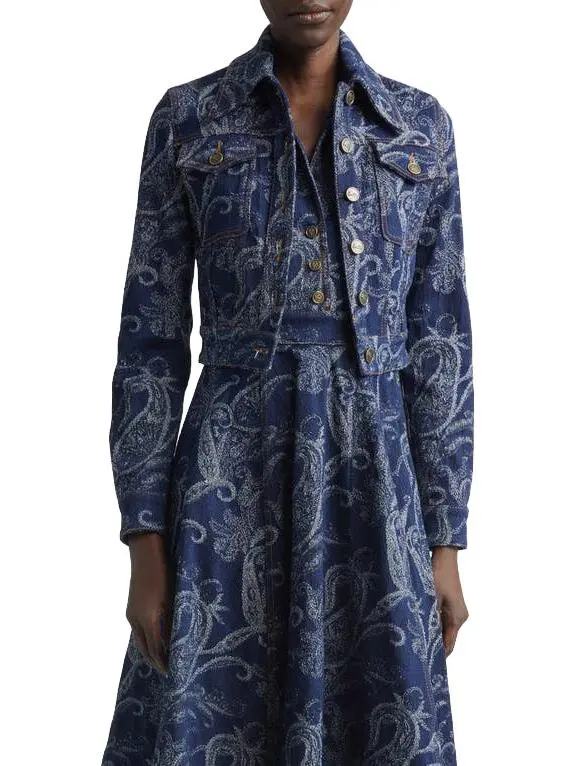 Etro Paisley Laser-etched Cropped Denim Jacket - Dark Blue