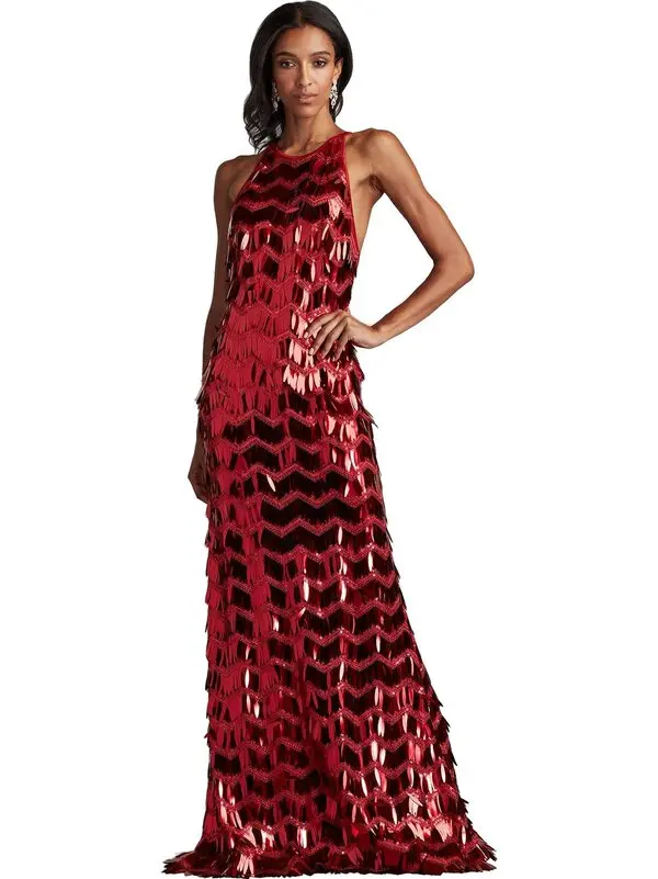 Tadashi Shoji Madysin Sequin Fringe Gown - Rouge
