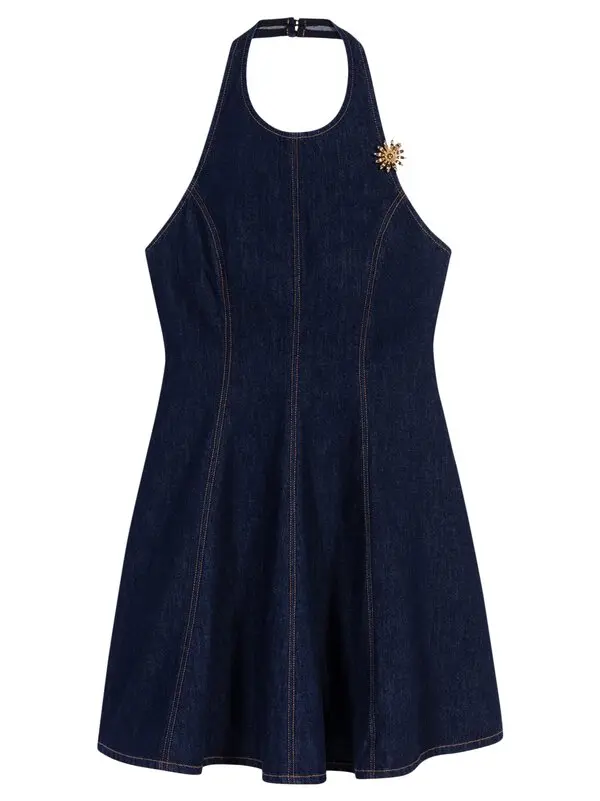 Maje Halterneck Denim Mini Dress With Brooch Detail - Blue