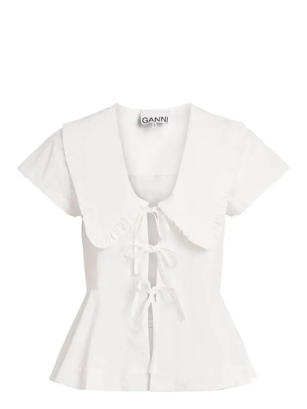 GANNI Cotton Bow Detail Peplum Blouse - White