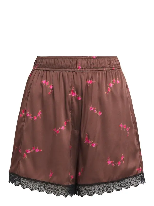 GANNI Floral Print Satin Lace-trimmed Shorts - White