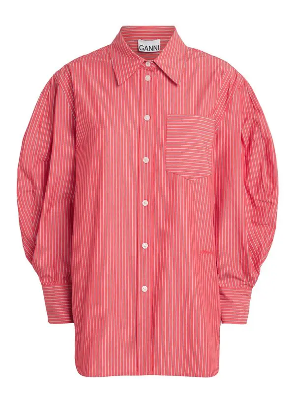 GANNI Cotton Stripe Oxford Shirt With Pleated Sleeves - Red