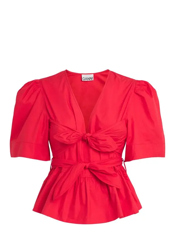 GANNI Cotton Bow Detail Blouse - Red