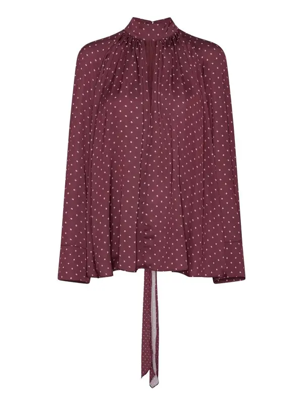 ROTATE BY BIRGER CHRISTENSEN Polka Dot Floral Print Satin High-neck Blouse With Lace-up Back - Rosso