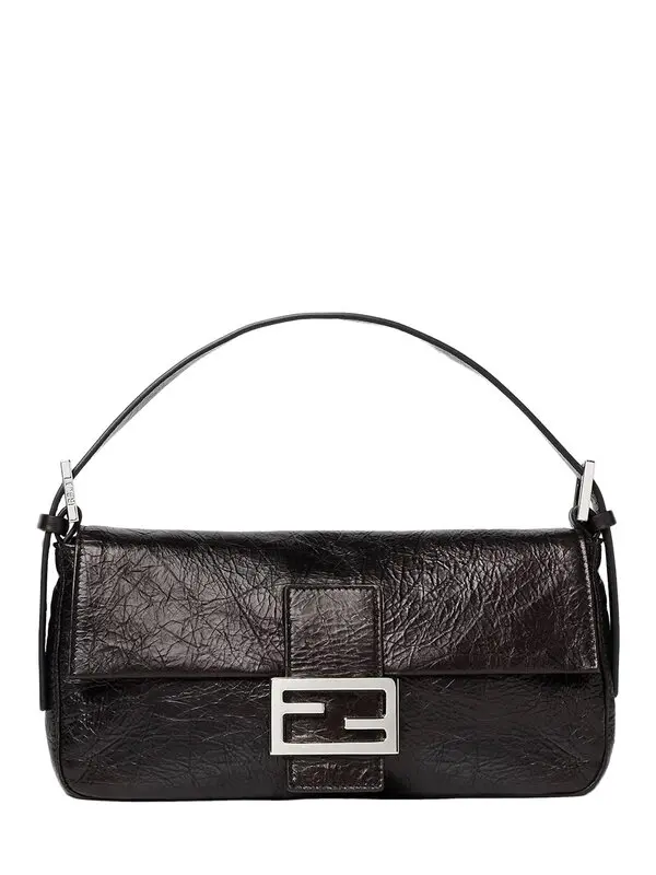 Fendi Mini Calfskin Crossbody Bag With Crackled Finish, 14cm X 26cm X 4cm, Ff Buckle - Nero