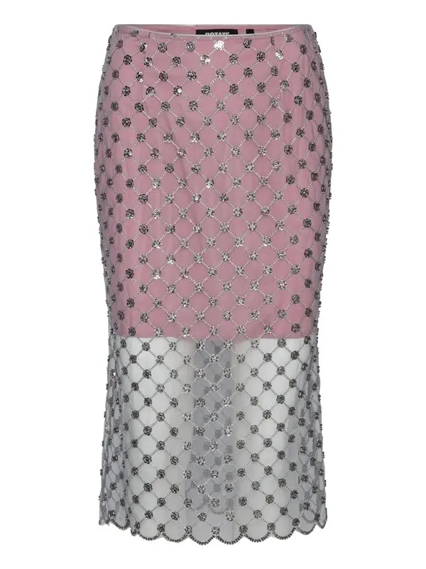 ROTATE BY BIRGER CHRISTENSEN Midi Sequin Skirt With Flower Embellishment And Transparent Hem - Rosa