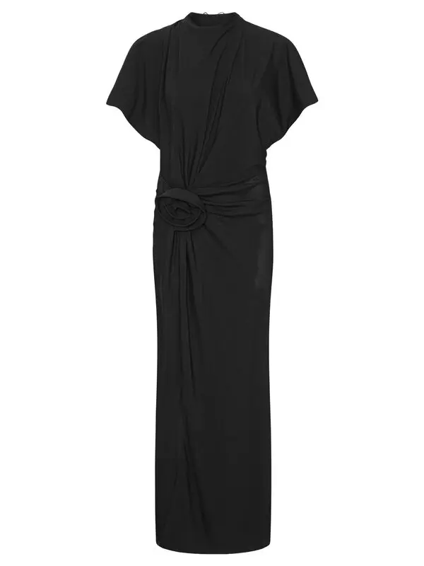 ROTATE BY BIRGER CHRISTENSEN Long Satin-feel Dress With Side Slit And Rose Detail - Nero