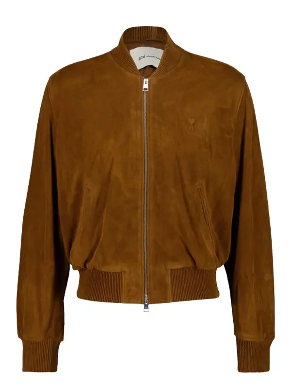 AMI Paris 100% Goat Leather Bomber Jacket - Brown