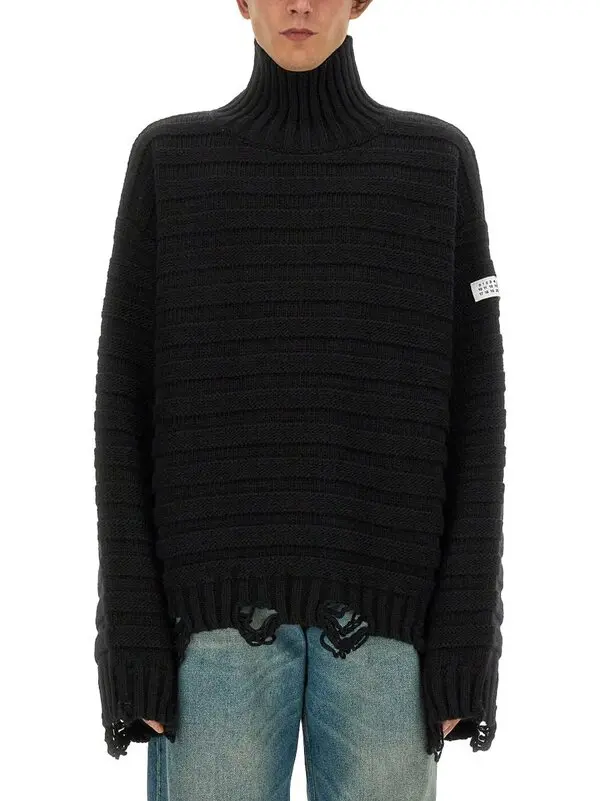 MAISON MARGIELA High Neck Distressed Pullover Sweater - Black