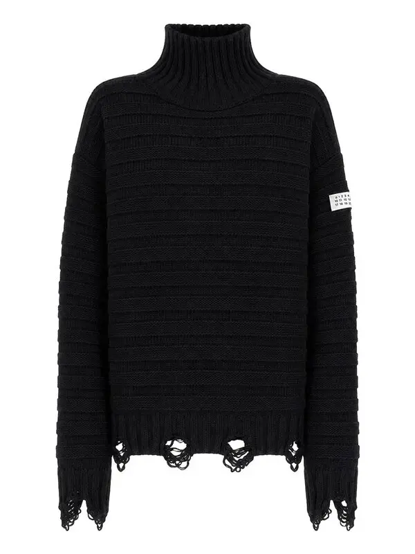 MAISON MARGIELA High Neck Distressed Pullover Sweater - Black