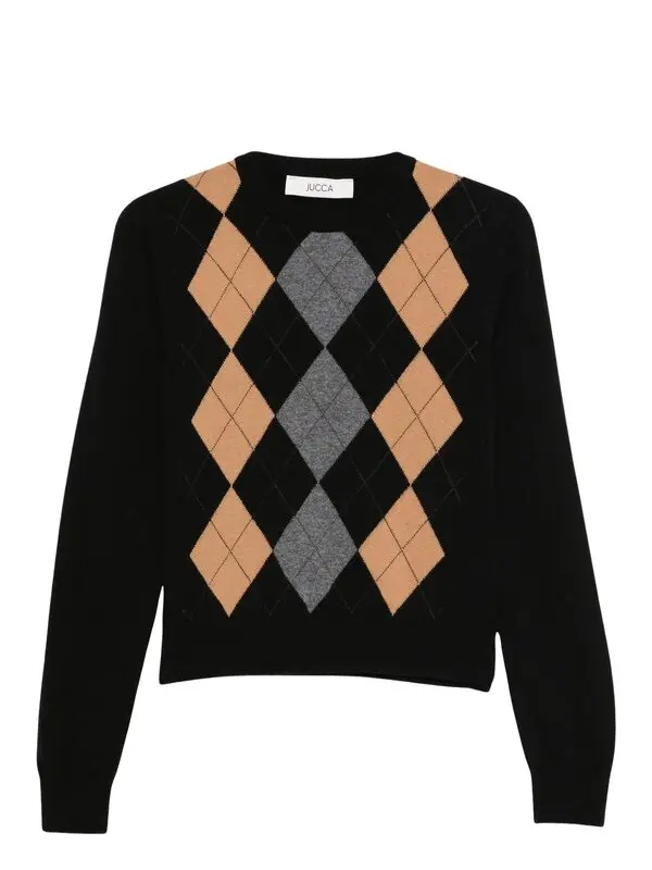 JUCCA Argyle Knit Crew Neck Sweater - Black