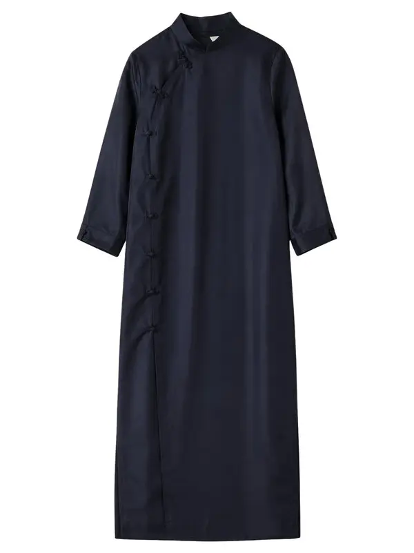 RÓHE Mandarin Collar Silk Long Dress With Diagonal Button Front - Navy