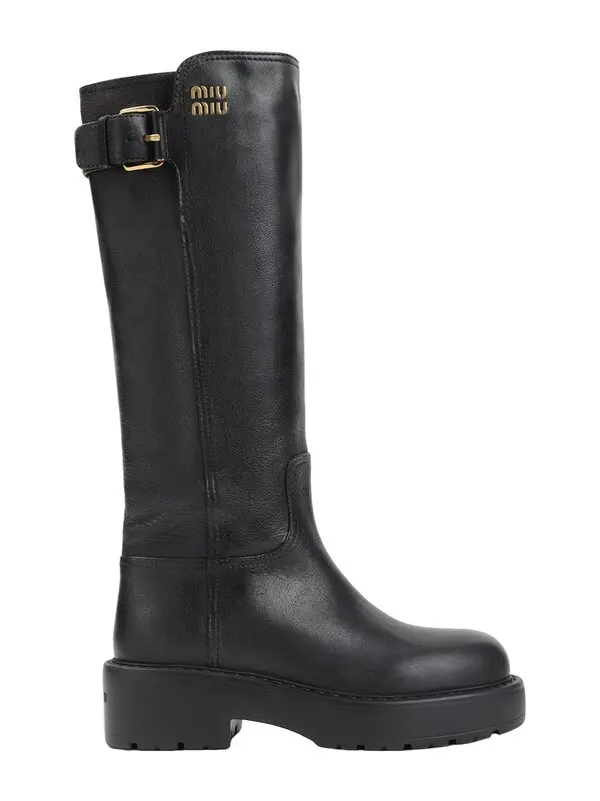 Miu Miu Knee High Buckled Leather Boots - Black