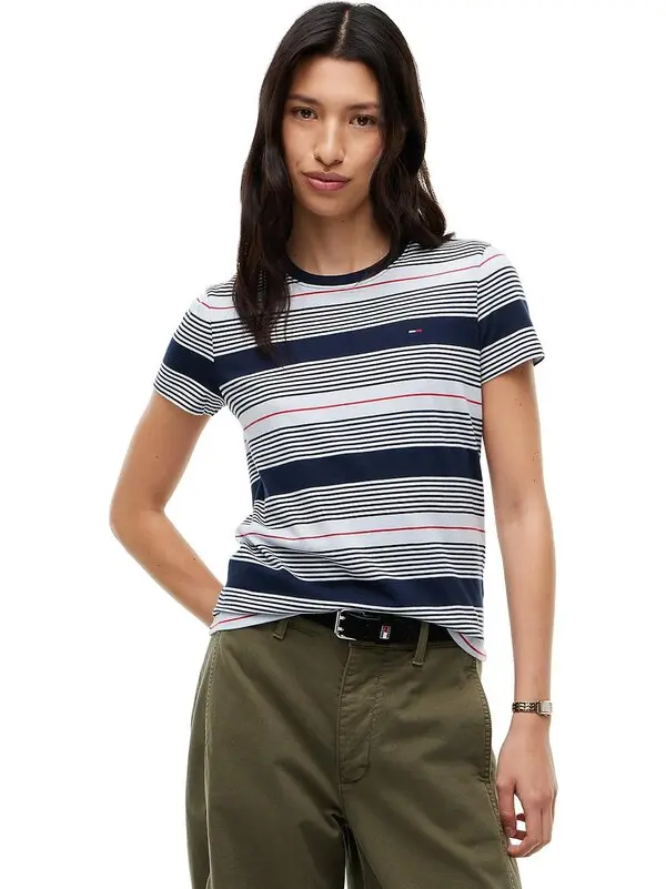 Tommy Hilfiger Striped Crewneck T-shirt In Regenerative Cotton - Blue Multi Stripe