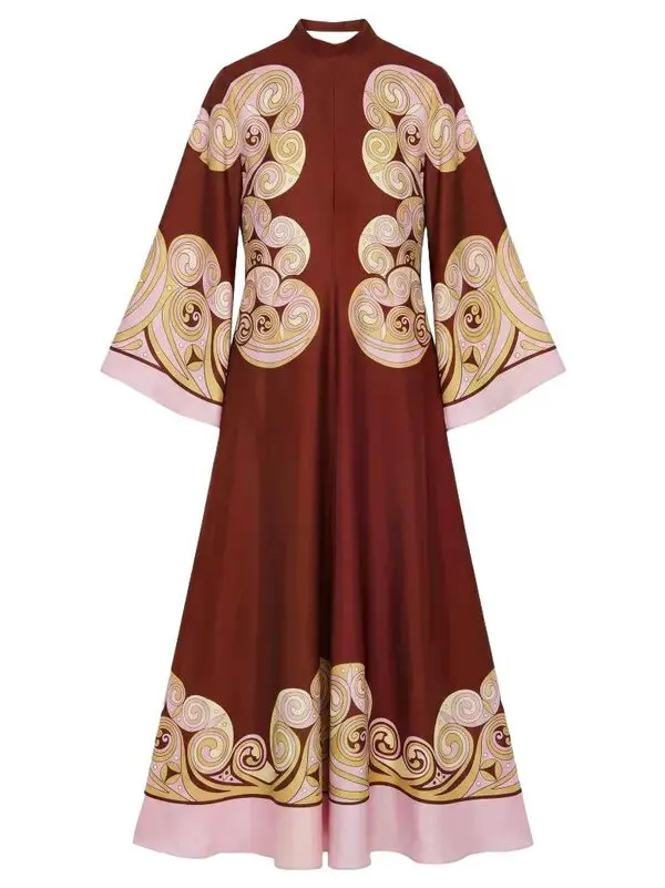 La DoubleJ Magnifico Swirl-print Silk Twill Maxi Dress - Brown