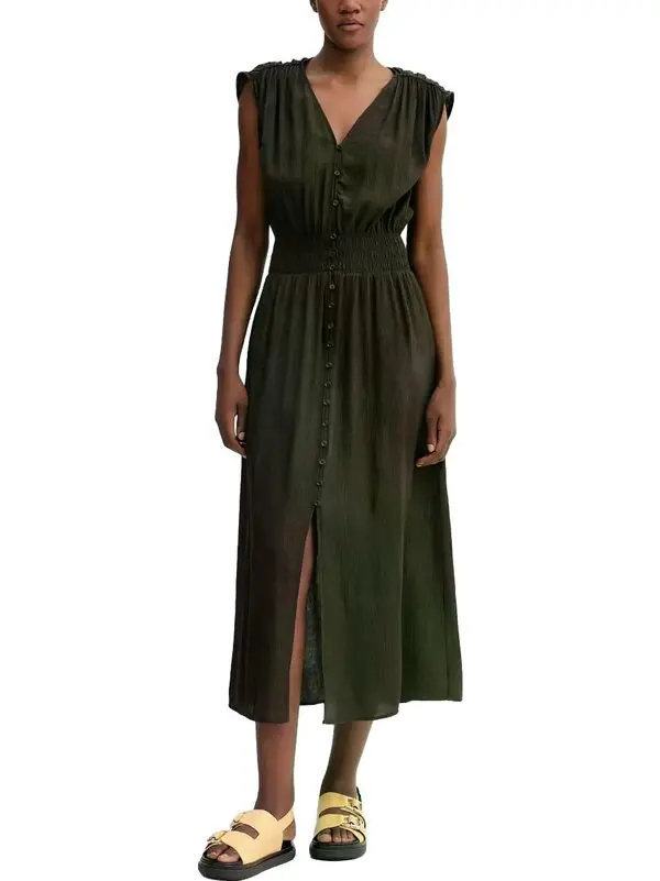 SESSUN Sleeveless V-neck Buttoned Dress With Elasticated Waist - Green