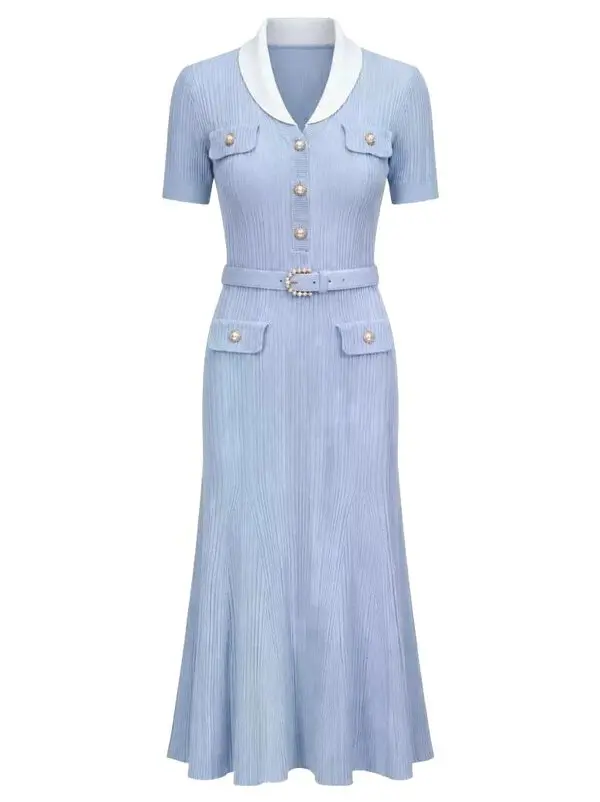 SELF-PORTRAIT Ribbed Knit Midi Dress With Contrast Collar - Blue