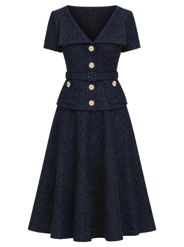 SELF-PORTRAIT Navy Bouclé Tailored Midi Dress - Blue