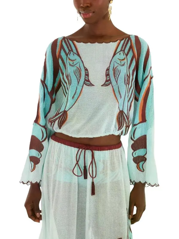 Farm Rio Open-knit Fish-print Blouse - White