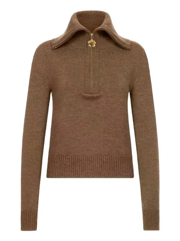 Oscar De La Renta Double-collar Quarter-zip Cropped Sweater - Brown