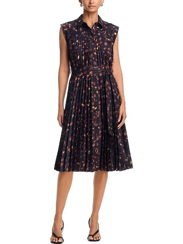 MILLY Johanna Printed Sleeveless Collared Belted Midi Dress - Brown Multi