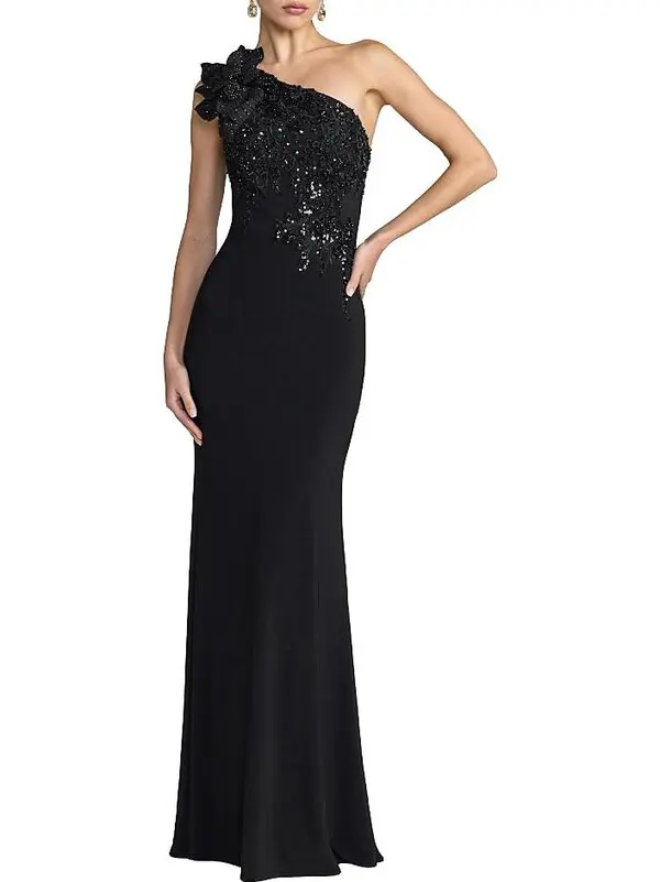 Mac Duggal One Shoulder Gown With 3d Flower Applique - Black