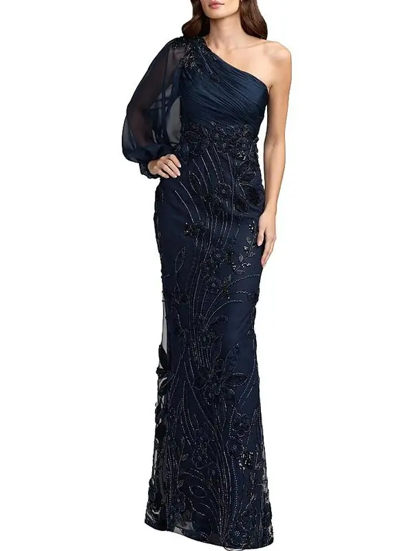 Mac Duggal One-sleeve Embellished Gown - Navy