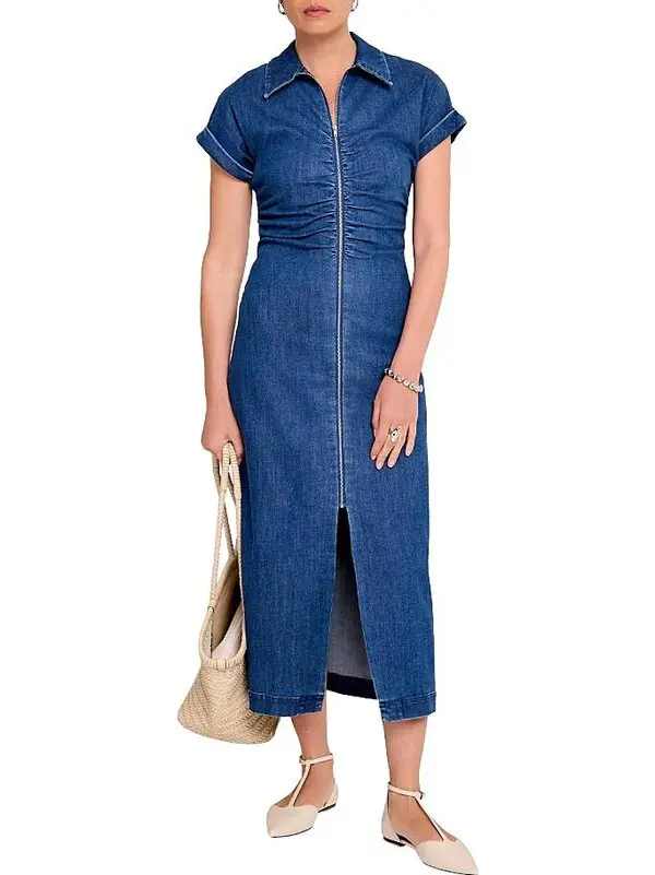 Mint Velvet Denim Ruched Waist Midi Shirt Dress - Blue