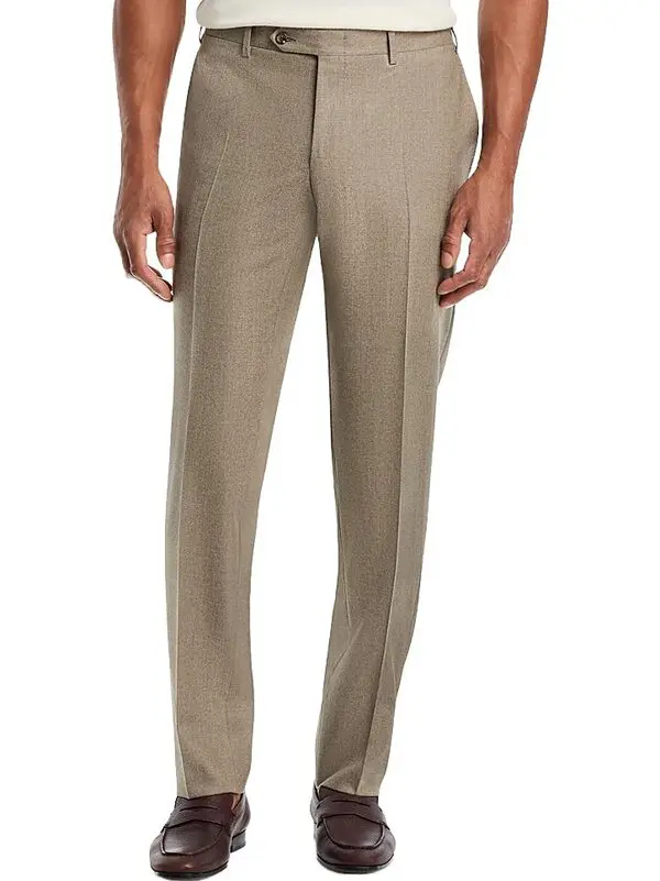 Canali Regular Fit Flat Front Flannel Trousers - Beige