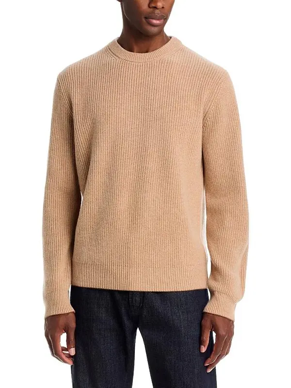 Canali Wool & Cashmere Ribbed Knit Crewneck Sweater - Tan
