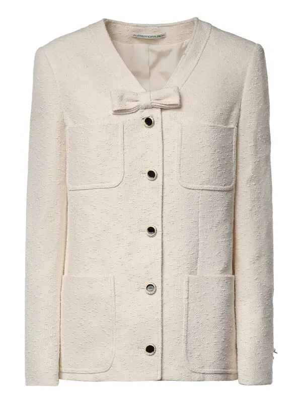 Alessandra Rich Bow Detail Textured Blazer - Cream