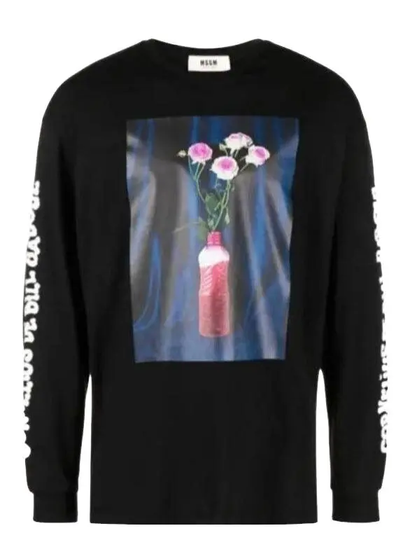 MSGM Graphic-print Long-sleeve Cotton T-shirt - Black