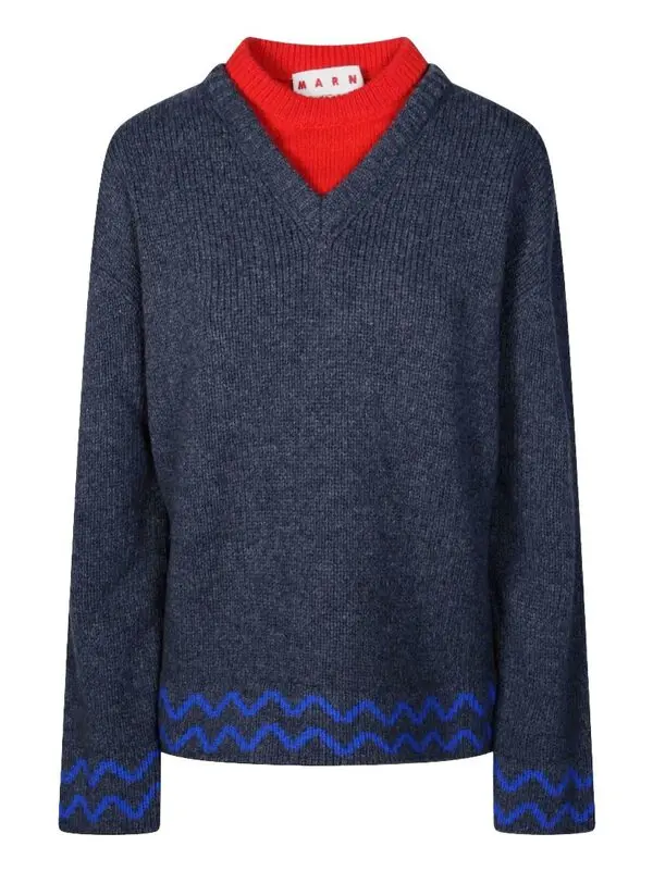 Marni V-neck Textured Knit Jumper With Contrast Hem - No