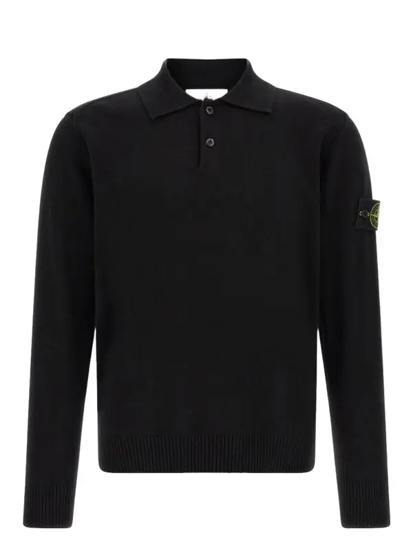 Stone Island Logo Patch Knitted Polo Shirt - Black