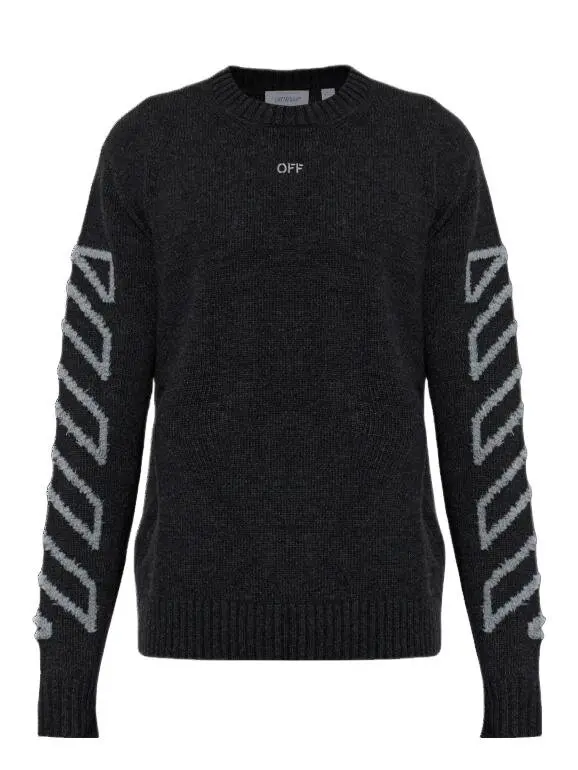 Off-White Long Sleeve Sweater With Geometric Sleeve Detail - Grey