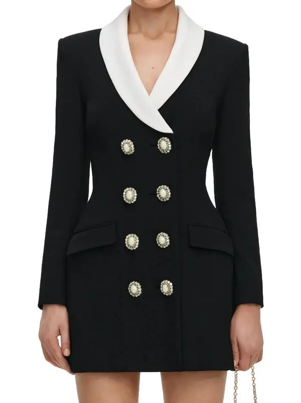 SELF-PORTRAIT Tailored Double-breasted Mini Dress With Contrast Collar - Black