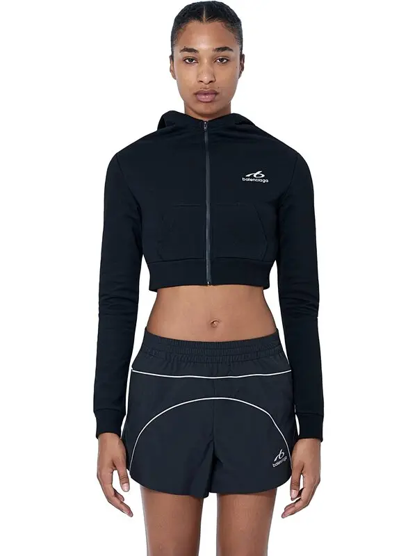 Balenciaga Cropped Zip-up Hoodie With Embroidered Logo - Black