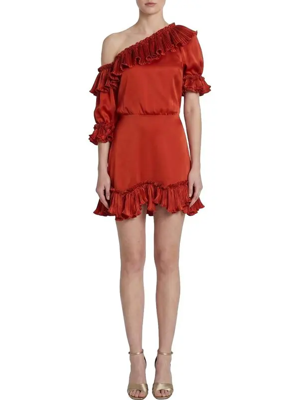 Saint Laurent Ruffled Silk Dress - Red