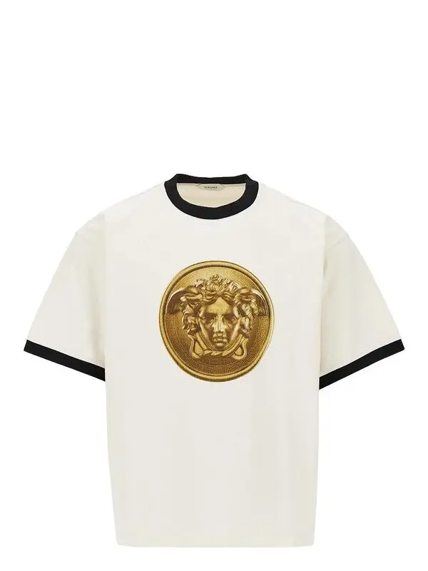 Versace Cotton T-hirt With Medua Coin Print - White